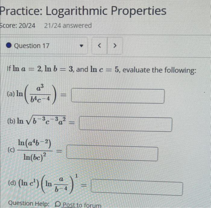 Solved Practice: Logarithmic Properties core: 20/2421/24 | Chegg.com
