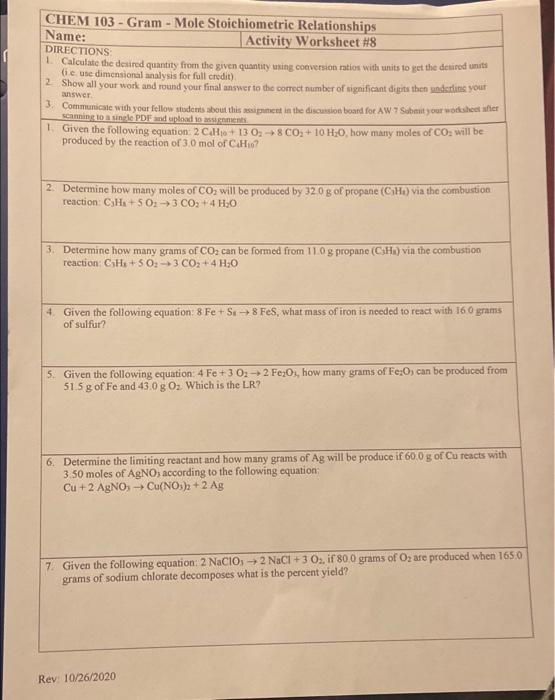 Solved CHEM 103 - Gram - Mole Stoichiometric Relationships | Chegg.com
