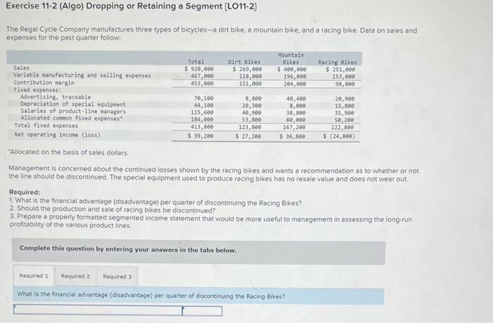 Solved Exercise 11-2 (Algo) Dropping or Retaining a Segment | Chegg.com