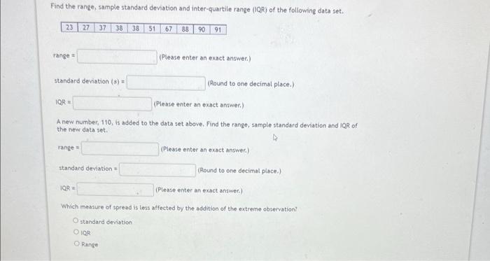Solved Find the range, sample standard deviation and | Chegg.com