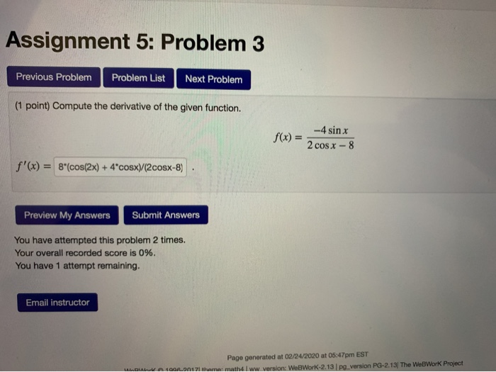 Solved Assignment 5 Problem 3 Previous Problem Problem List 4132