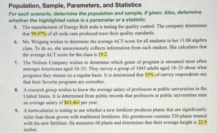 Solved Population, Sample, Parameters, and Statistics For | Chegg.com