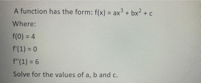 Solved A function has the form: f(x) = ax3 + bx2 + c + c | Chegg.com