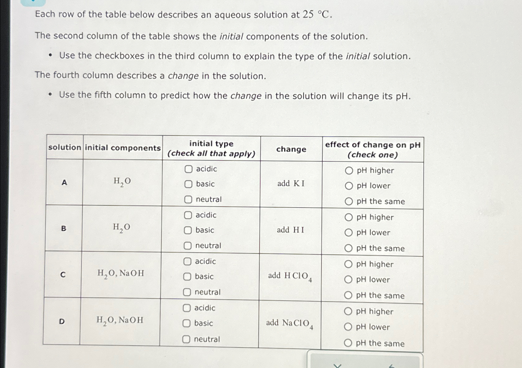 Solved Each row of the table below describes an aqueous | Chegg.com