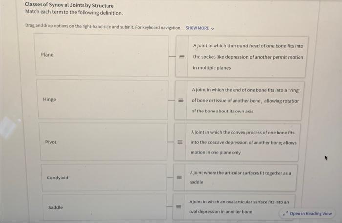 Solved Classes of Synovial Joints by Structure Match each | Chegg.com