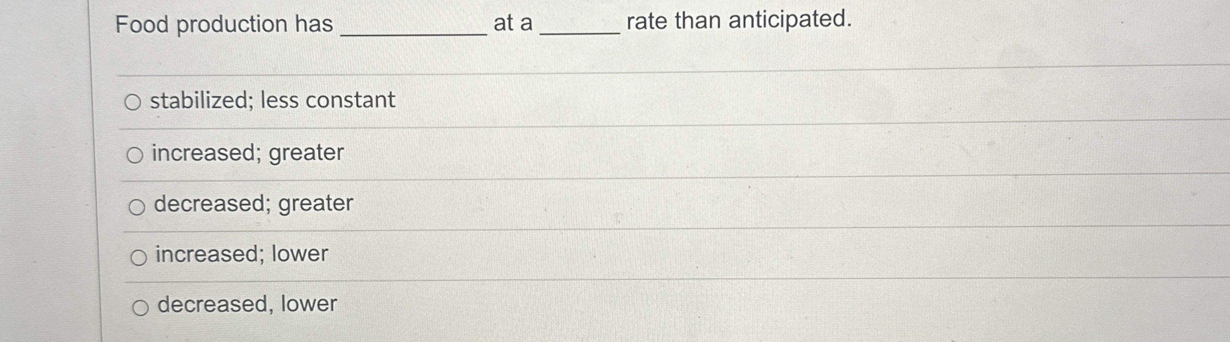 Solved Food production has ﻿at a ﻿rate than | Chegg.com