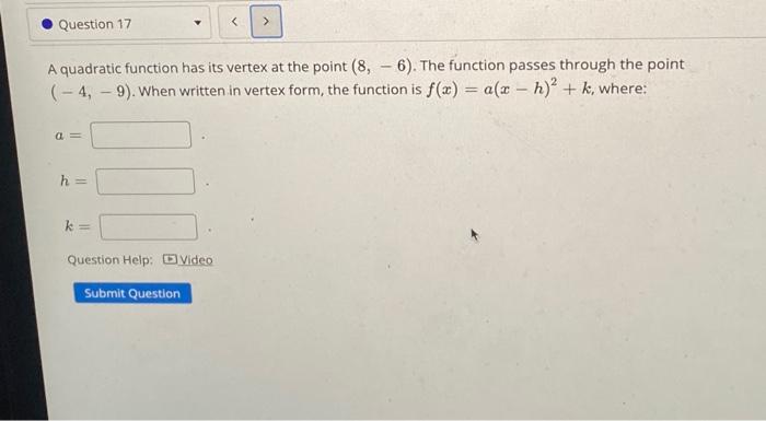 Solved A quadratic function has its vertex at the point | Chegg.com