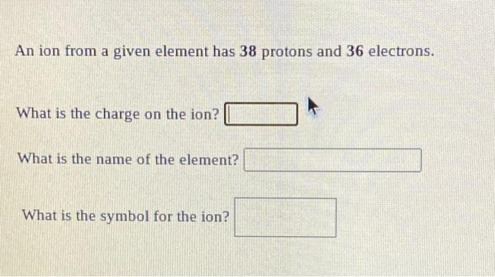 Solved An ion from a given element has 38 protons and 36 | Chegg.com