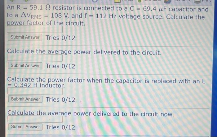 Solved An R=59.1Ω resistor is connected to a C=69.4μF | Chegg.com