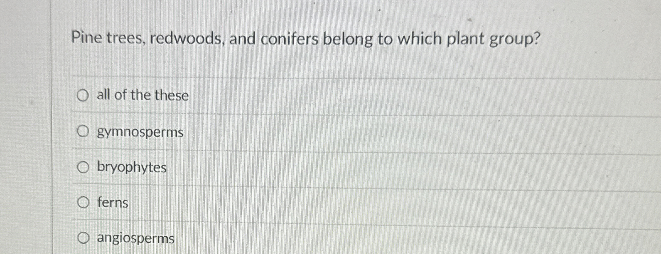 Solved Pine trees, redwoods, and conifers belong to which | Chegg.com