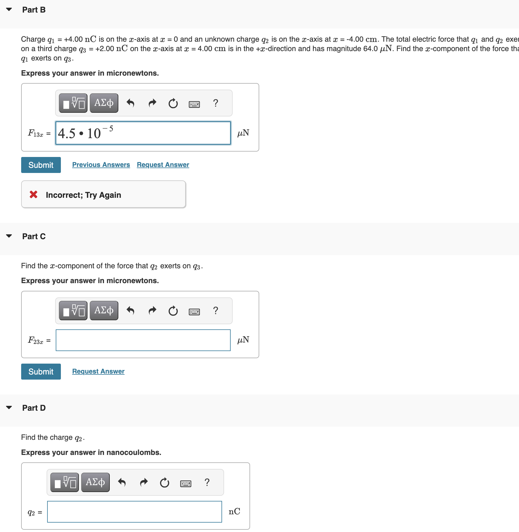 Solved Charge q1=+4.00nC ﻿is on the x-axis at x=0 ﻿and an | Chegg.com
