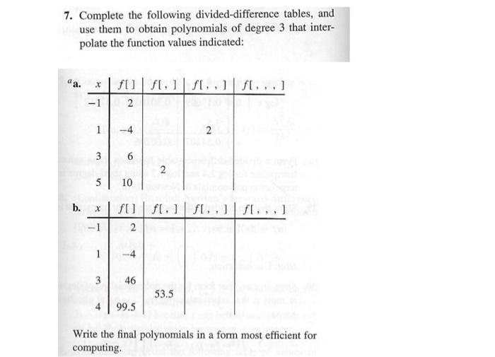 Solved 7. Complete the following divided-difference tables, | Chegg.com