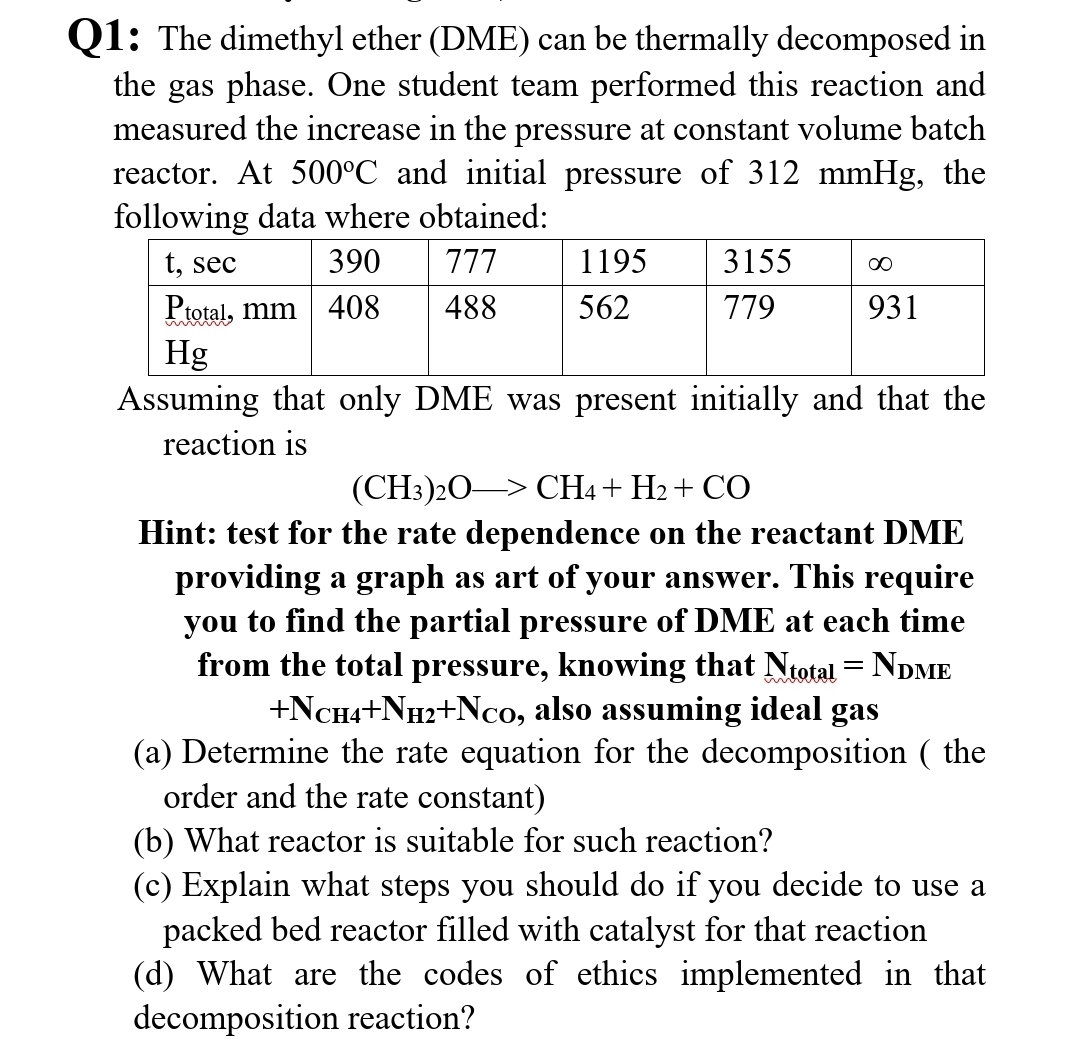 Q1: The dimethyl ether (DME) ﻿can be thermally | Chegg.com