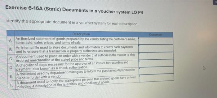 Solved Exercise 6-16A (Static) Documents in a voucher system | Chegg.com Solved Exercise 6-16A (Static) Documents in a voucher system | Chegg.com