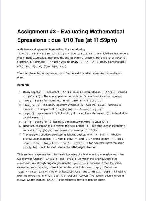 Solved Assignment \#3 - Evaluating Mathematical Epressions : | Chegg.com