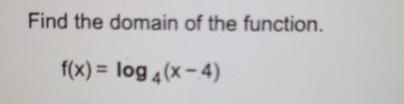 Solved Find the domain of the function.f(x)=log4(x-4) | Chegg.com