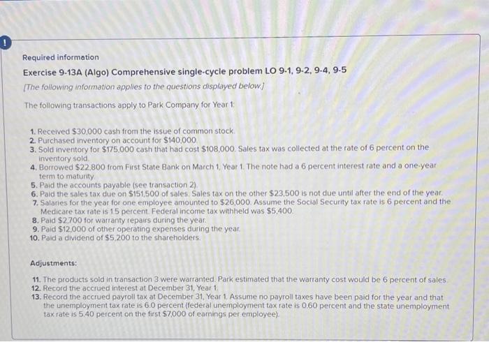 Solved Required information Exercise 9-13A (Algo) | Chegg.com