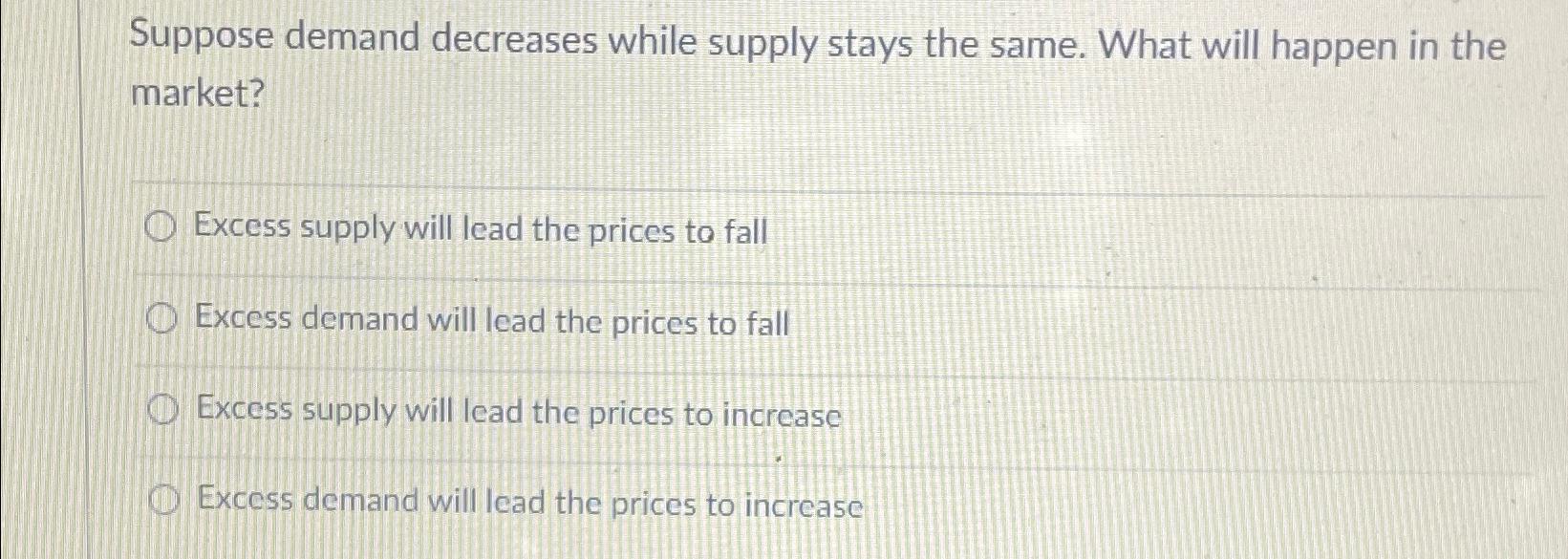 Solved Suppose demand decreases while supply stays the same. | Chegg.com