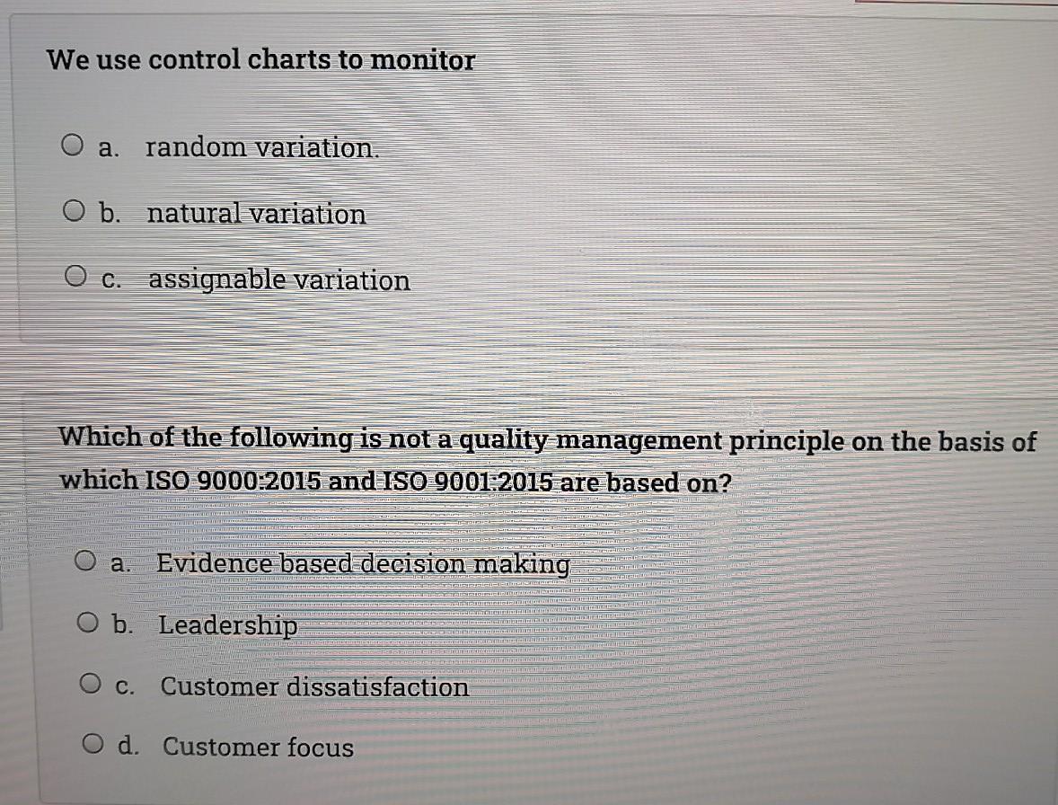 Solved We use control charts to monitor a. random variation. | Chegg.com