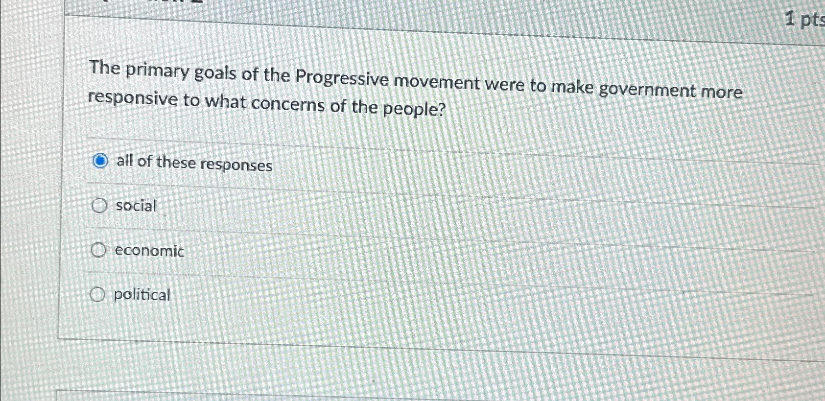 Solved 1 ﻿ptsThe primary goals of the Progressive movement | Chegg.com