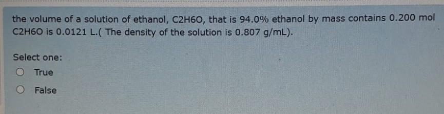 Solved the volume of a solution of ethanol, C2H60, that is | Chegg.com