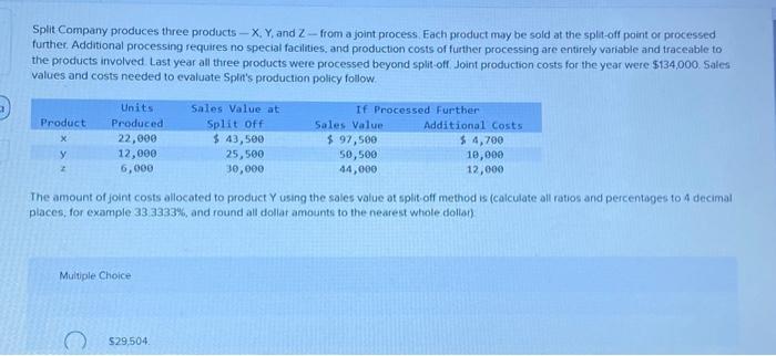 Solved Split Company produces three products - X, Y, and | Chegg.com