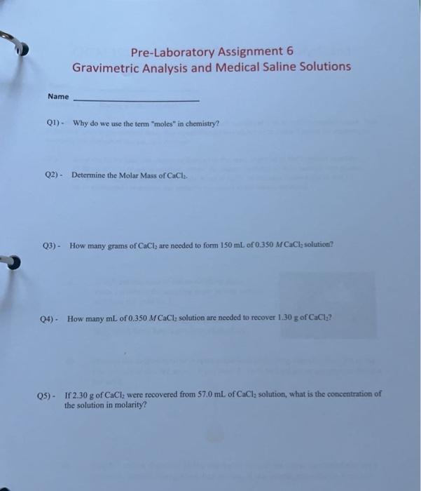 Solved Pre-Laboratory Assignment 6 Gravimetric Analysis and | Chegg.com