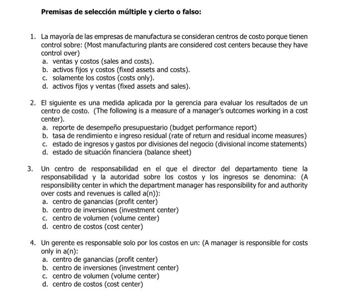 Solved Premisas de selección múltiple y cierto o falso: 1. | Chegg.com