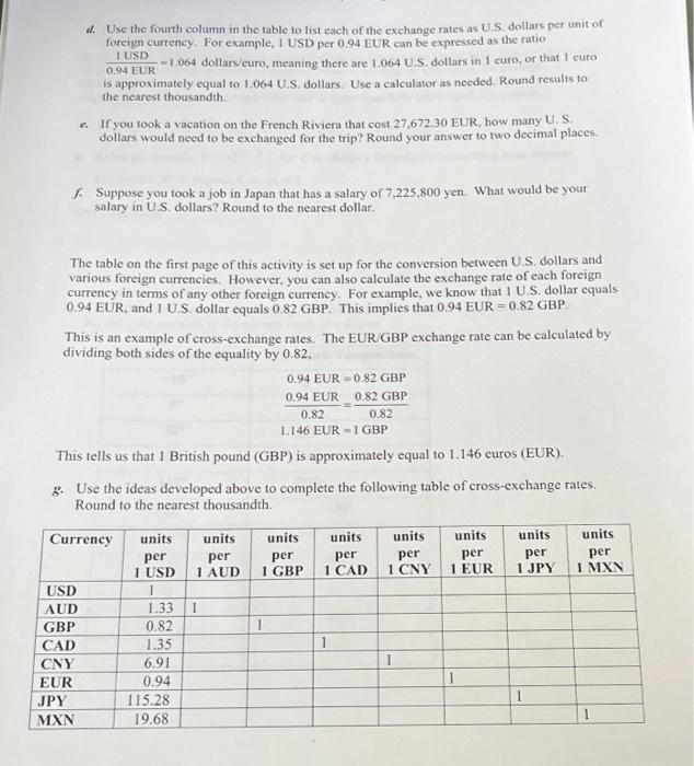 Solved d. Use the fourth column in the table to list each of | Chegg.com