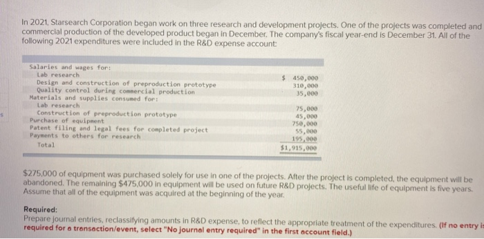 Solved In 2021, Starsearch Corporation began work on three | Chegg.com