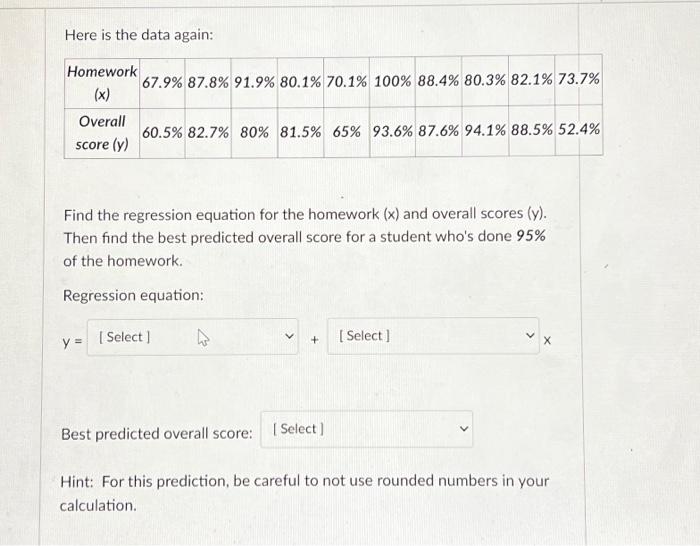 Solved Here is the data again: Find the regression equation | Chegg.com