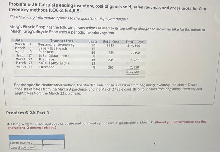 Solved Problem 6-2A Calculate ending inventory, cost of | Chegg.com