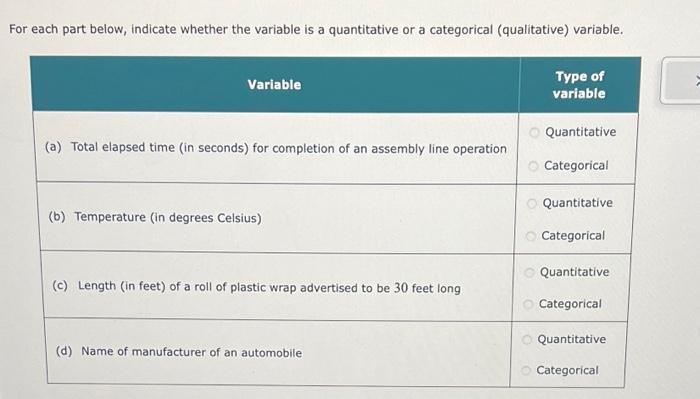 Solved each part below, indicate whether the variable is a | Chegg.com