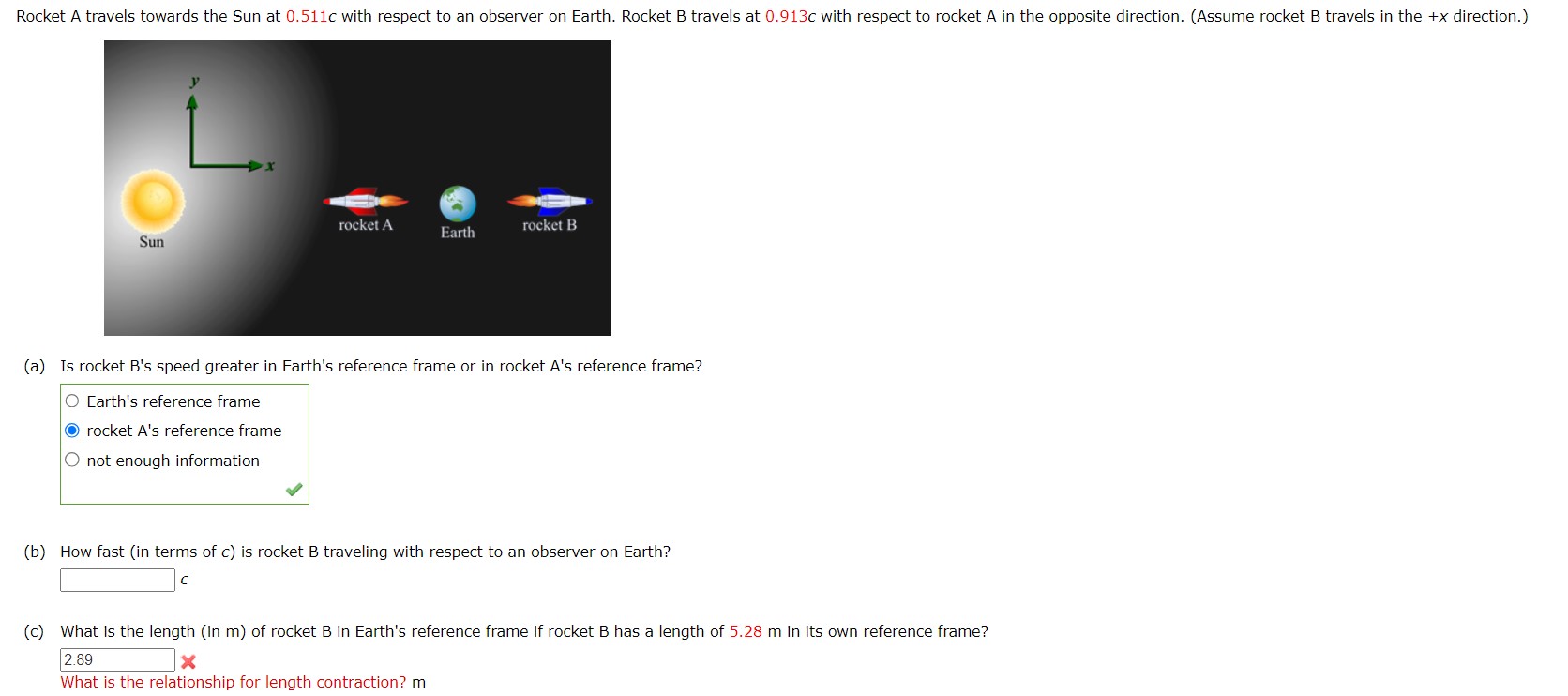 Solved Rocket A travels towards the Sun at 0.511c ﻿with | Chegg.com