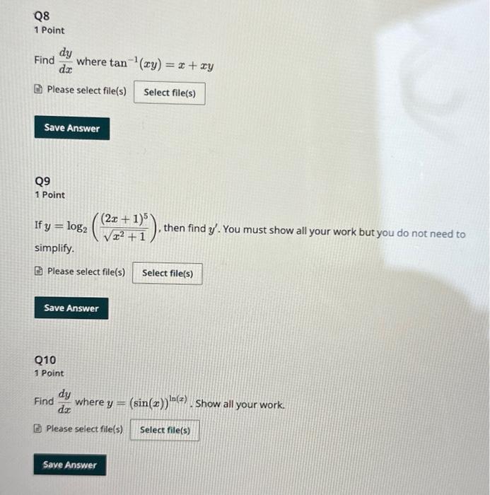 Solved Q8 1 Point Find dxdy where tan−1(xy)=x+xy 줌 Please | Chegg.com