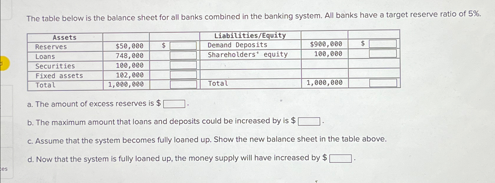 Solved The table below is the balance sheet for all banks | Chegg.com