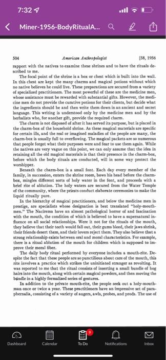 Body Ritual among the Nacirema HORACE MINER | Chegg.com