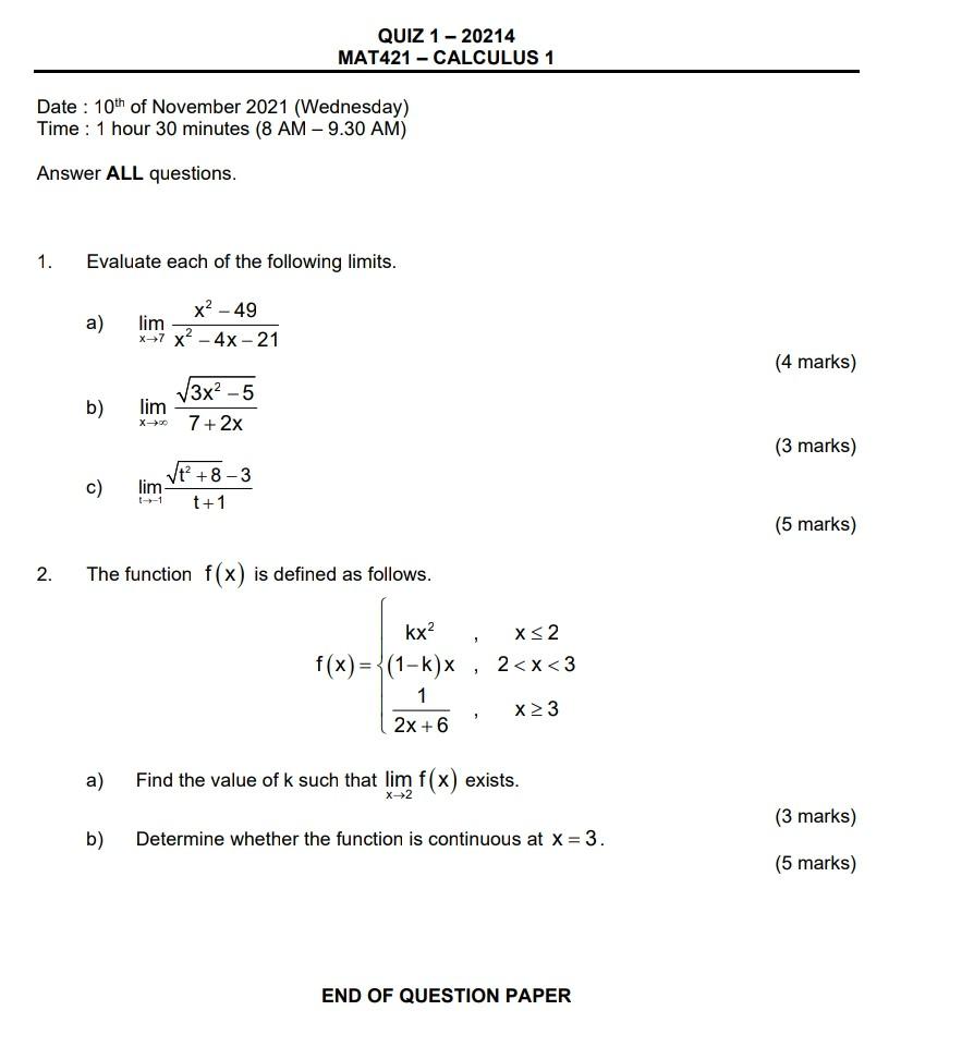 Solved QUIZ 1 - 20214 MAT421 - CALCULUS 1 Date : 10th of | Chegg.com