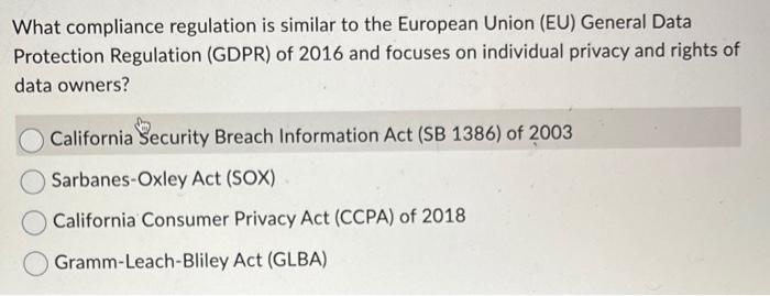 Solved What compliance regulation is similar to the European | Chegg.com