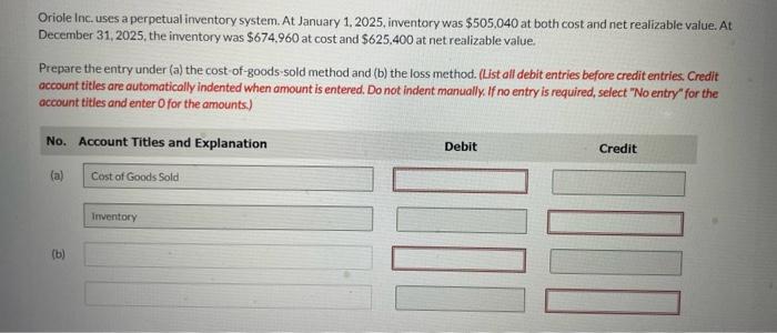 Solved Oriole Inc. uses a perpetual inventory system. At | Chegg.com