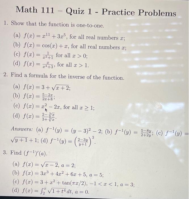Solved 1. Show that the function is one-to-one. (a) | Chegg.com