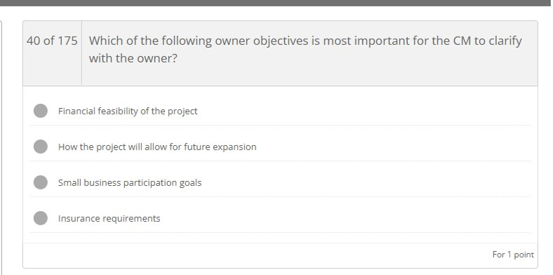 Solved 40 ﻿of 175 ﻿Which of the following owner objectives | Chegg.com
