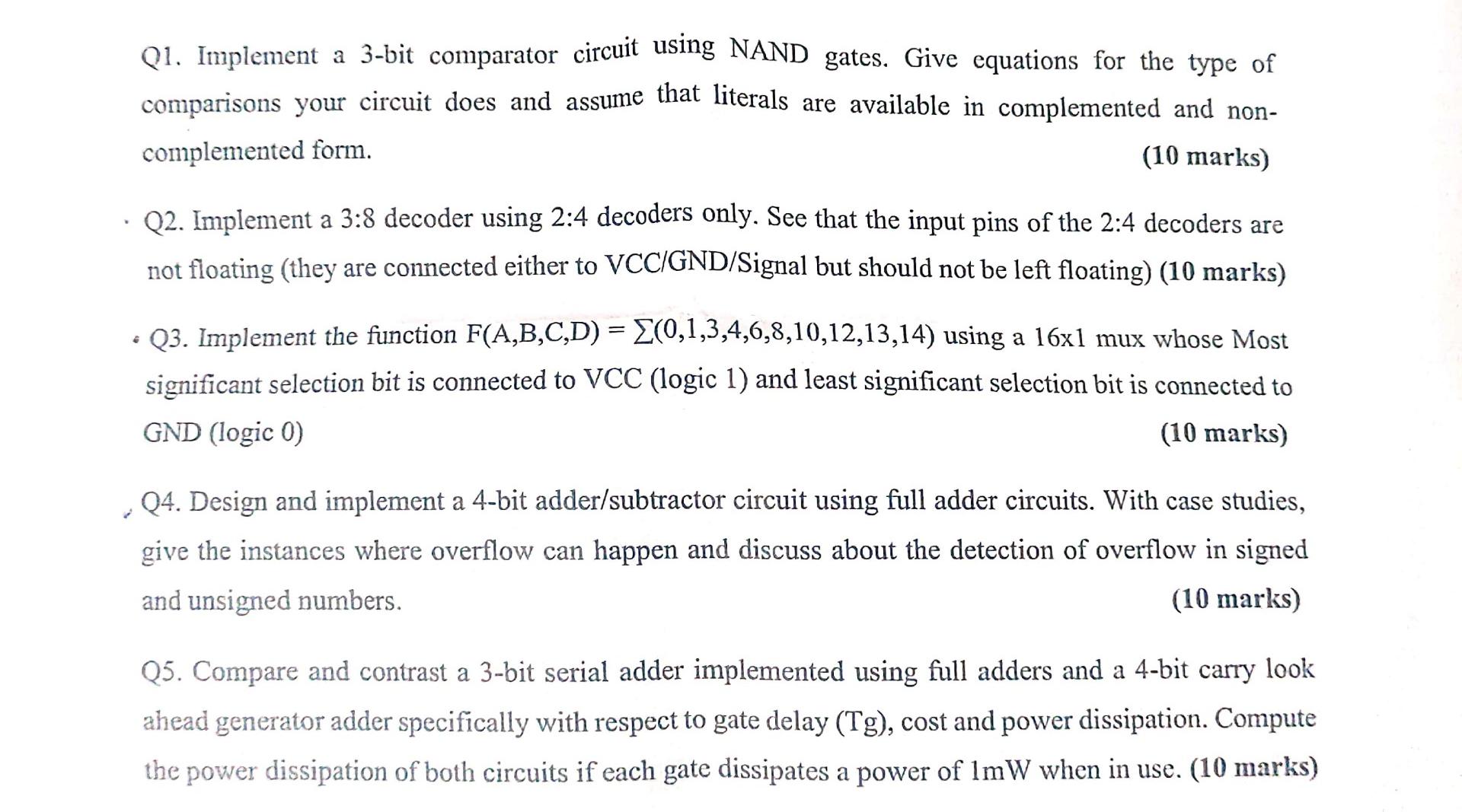 Solved Q1 Implement A 3 Bit Comparator Circuit Using Nand 1638
