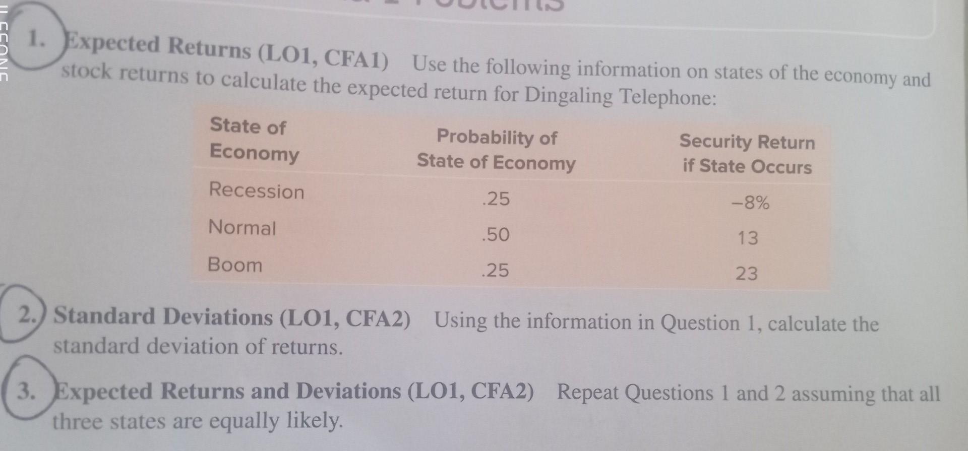 Solved 1. Expected Returns (L01, CFA1) Use the following | Chegg.com