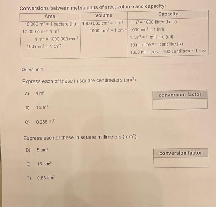 Solved Conversions between metric units of area, volume and | Chegg.com