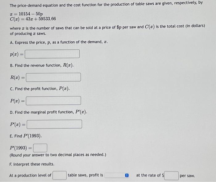 Solved The price-demand equation and the cost function for | Chegg.com