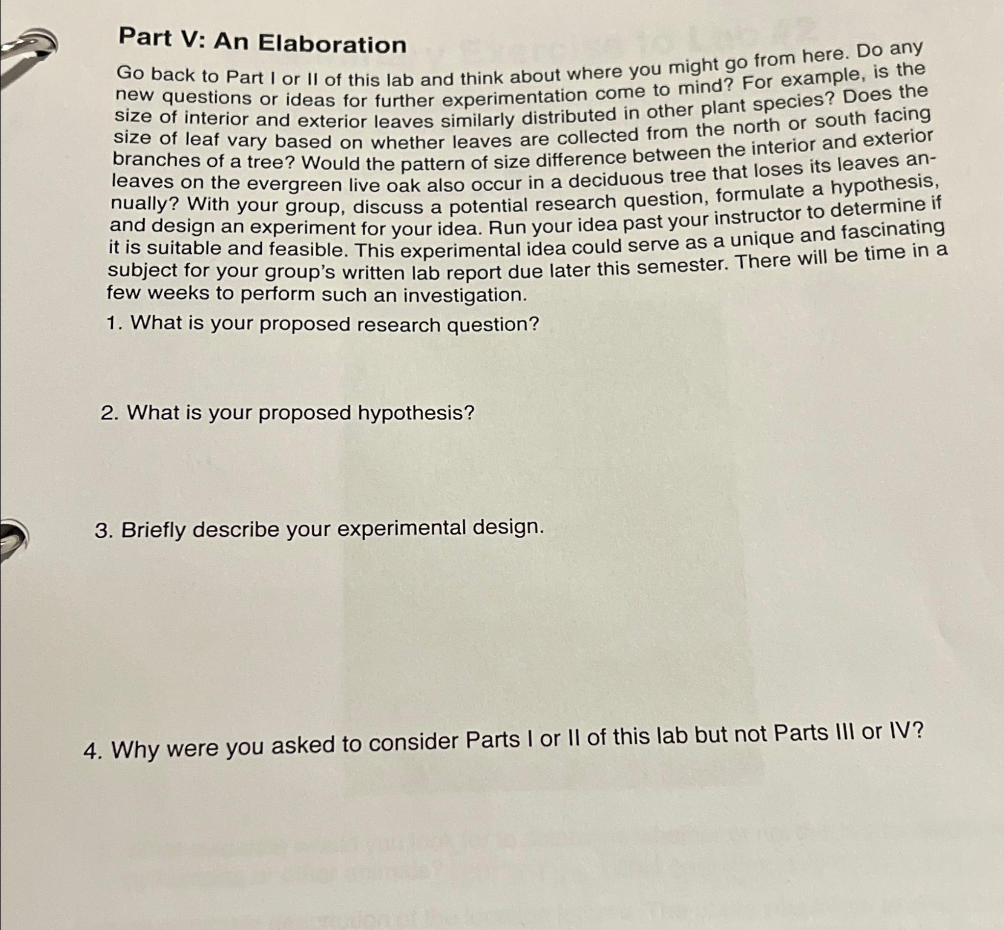Solved Part V: An ElaborationGo back to Part I or II of this | Chegg.com