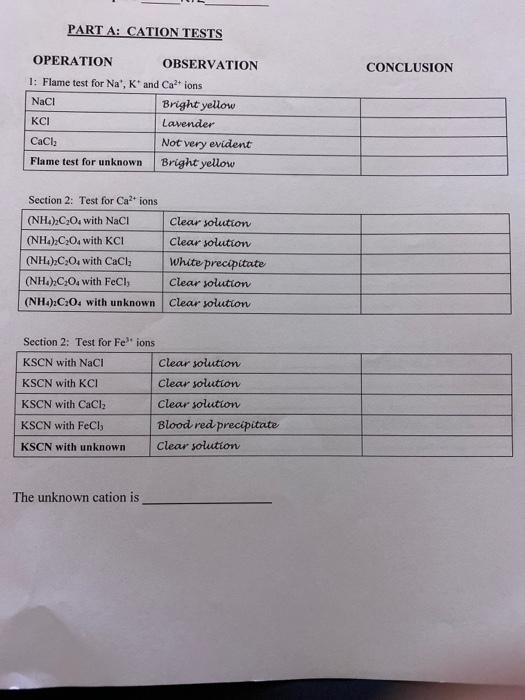 Solved PART A: CATION TESTS CONCLUSION OPERATION OBSERVATION | Chegg.com
