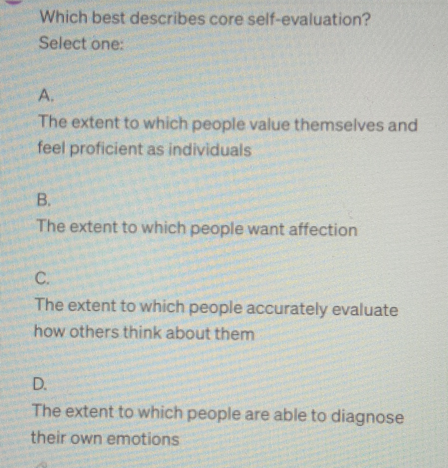 Solved Which best describes core self-evaluation?Select | Chegg.com