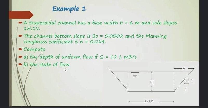Solved Example 1 A trapezoidal channel has a base width b = | Chegg.com